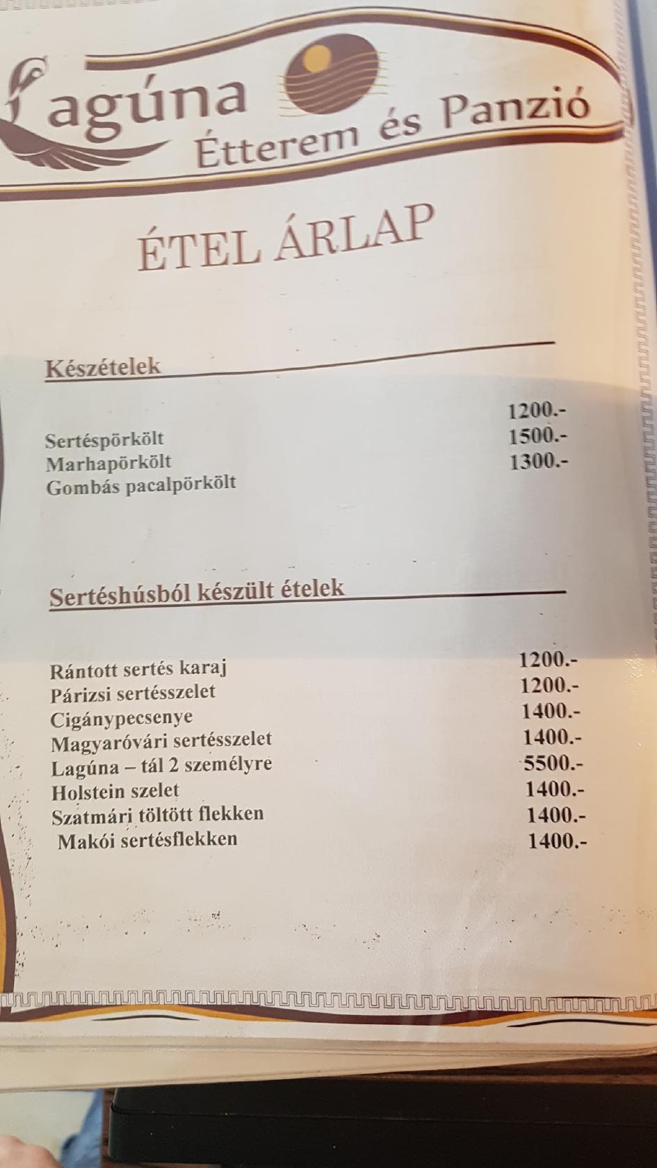 Menu at Kék Lagúna restaurant, Dombrád