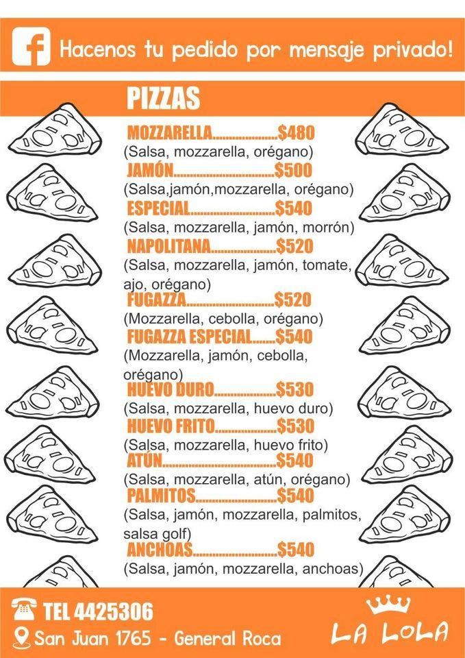 Menu at La Lola, General Roca