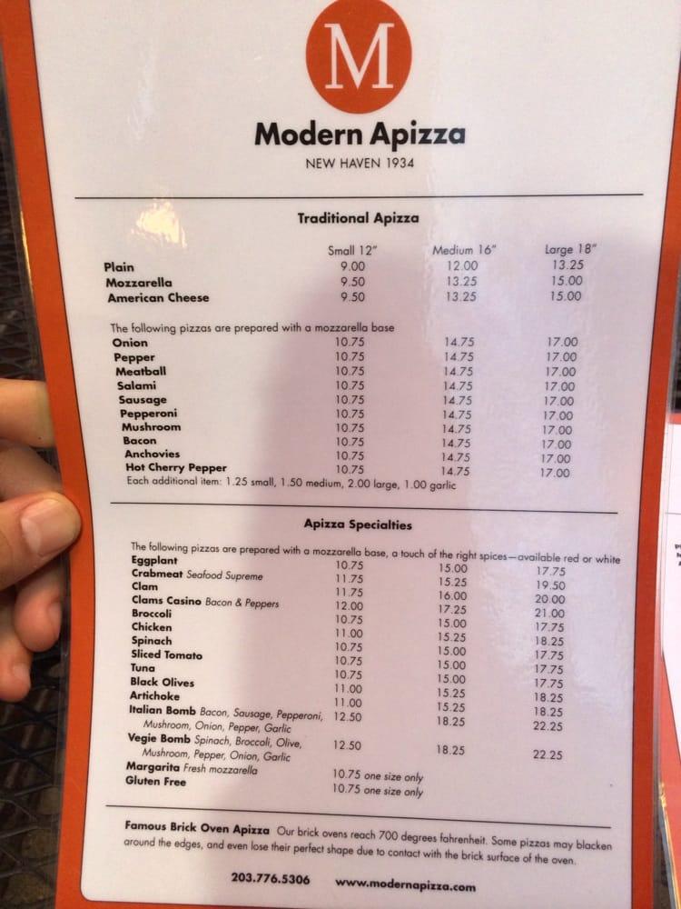 Menu at Modern Apizza pizzeria, New Haven