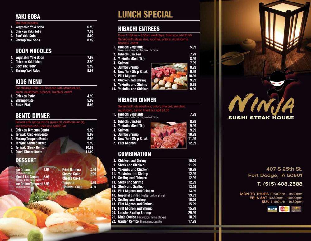 Menu at Ninja Sushi Steak House restaurant, Fort Dodge