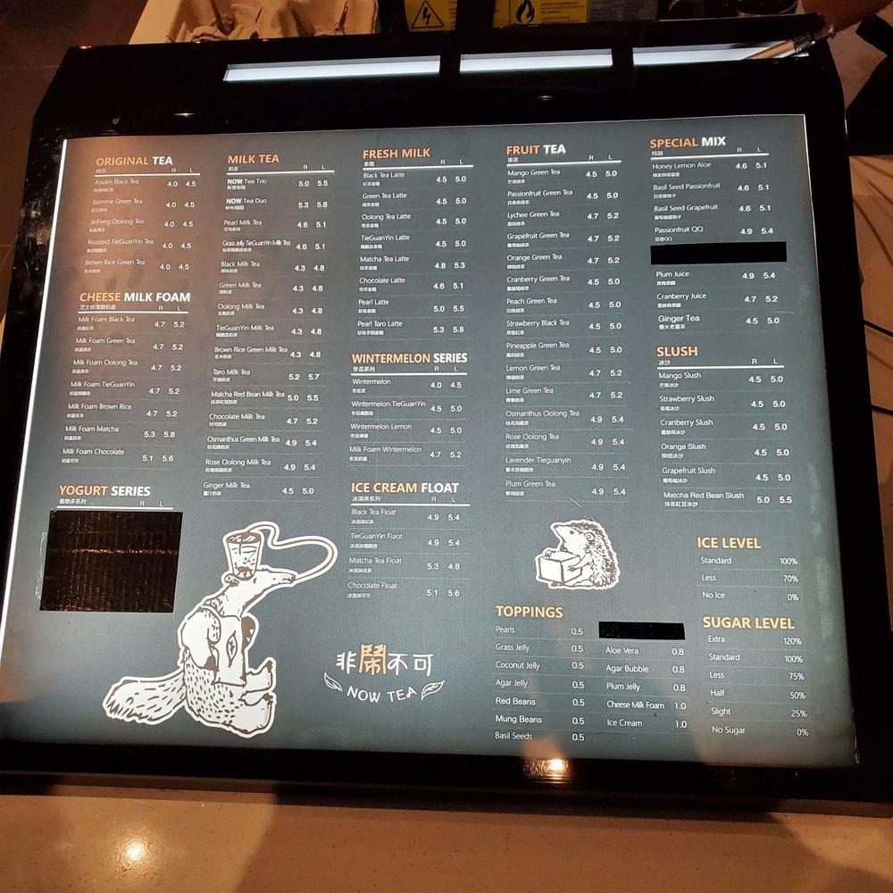 Menu at Now Tea, Waterloo