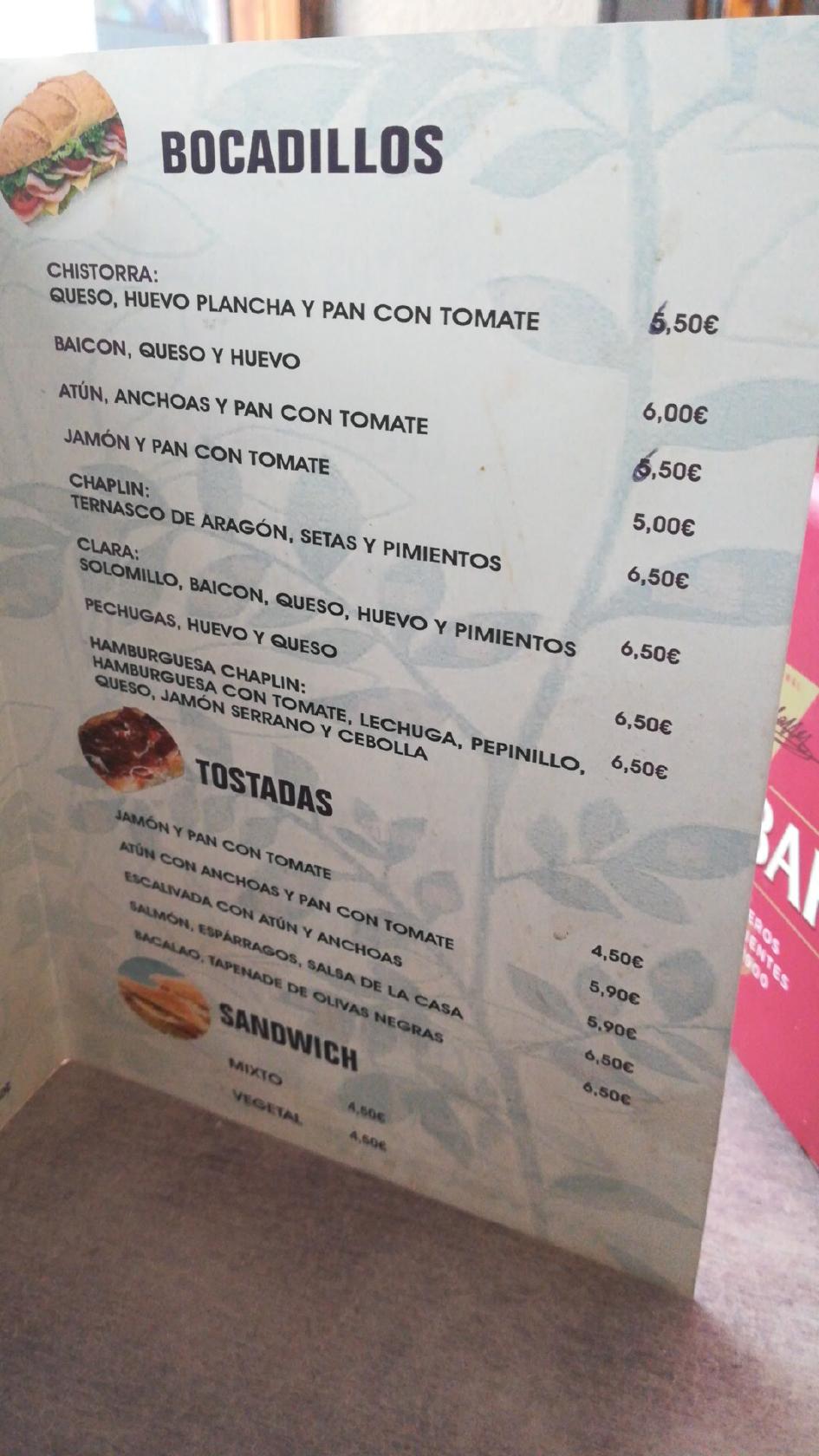 Menu at Nuevo Chaplín Café, Zaragoza