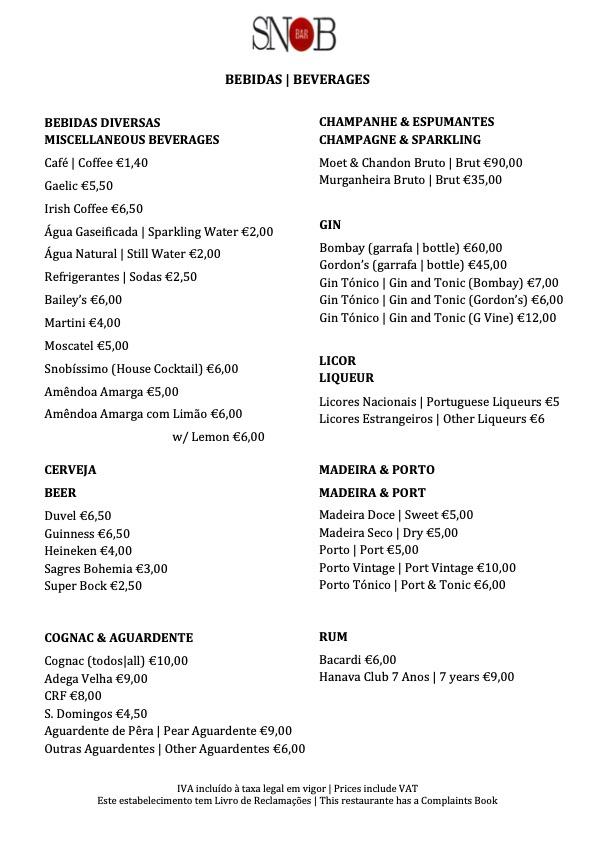 Menu at Snob Bar, Lisbon