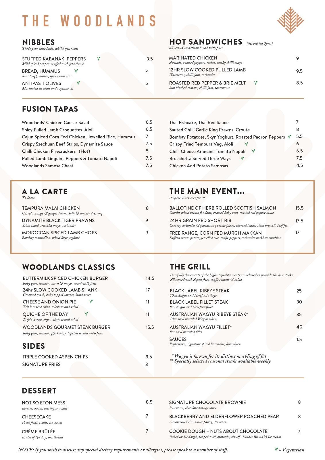 Menu at The Woodlands restaurant, Blackburn