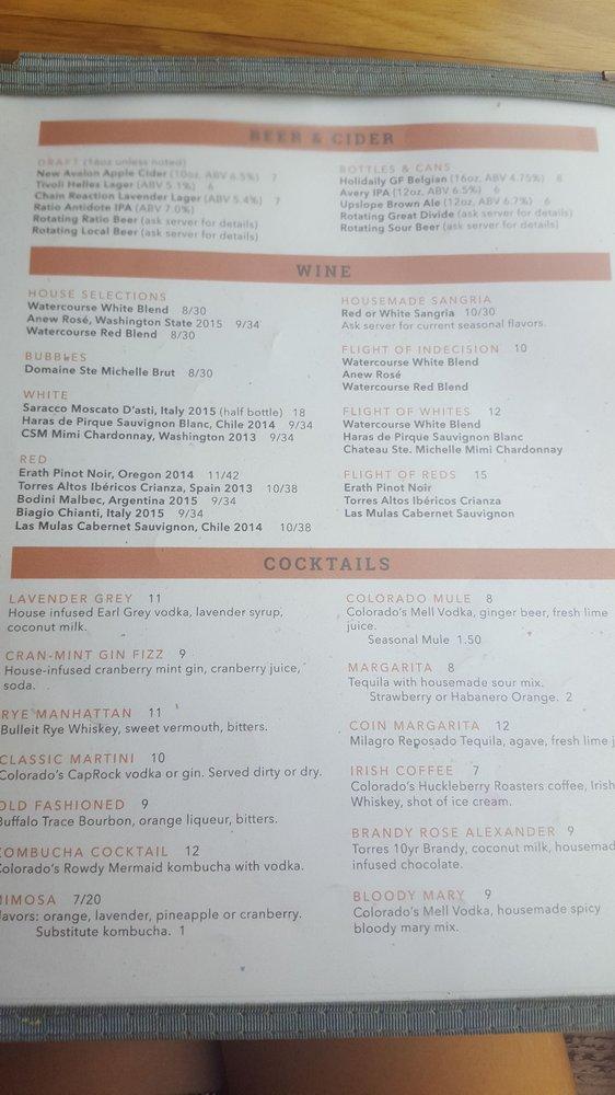 Menu at Watercourse Foods restaurant, Denver, 837 E 17th Ave