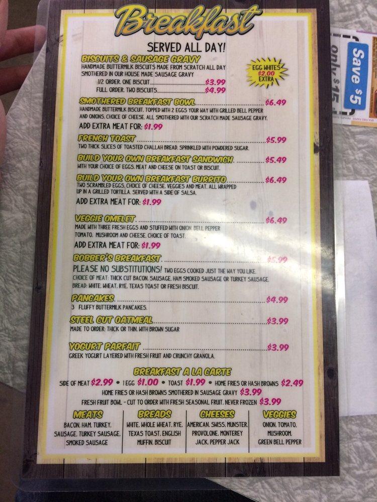 Menu at Bobber's Cafe at Shadyside Bait & Tackle, Anderson
