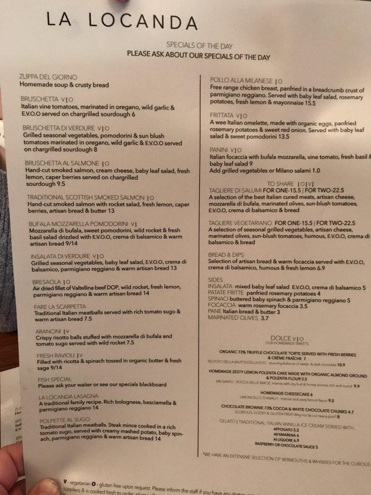 Menu at La Locanda Edinburgh restaurant, Edinburgh