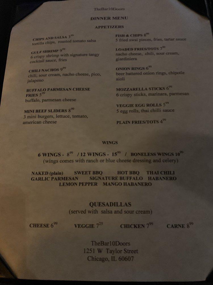 Menu at THE BAR 10 DOORS, Chicago, W Taylor St
