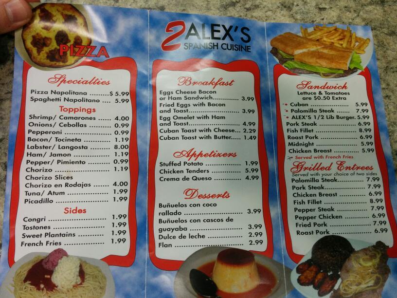 Menu at 2 Alex's restaurant, Tampa