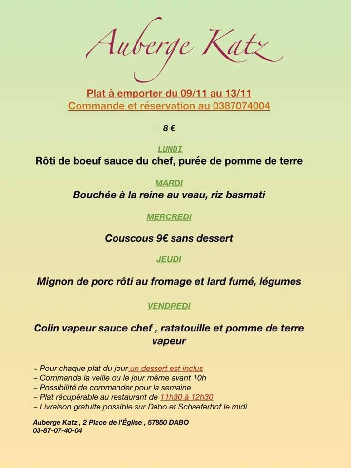 Menu au Auberge Katz restaurant, Dabo