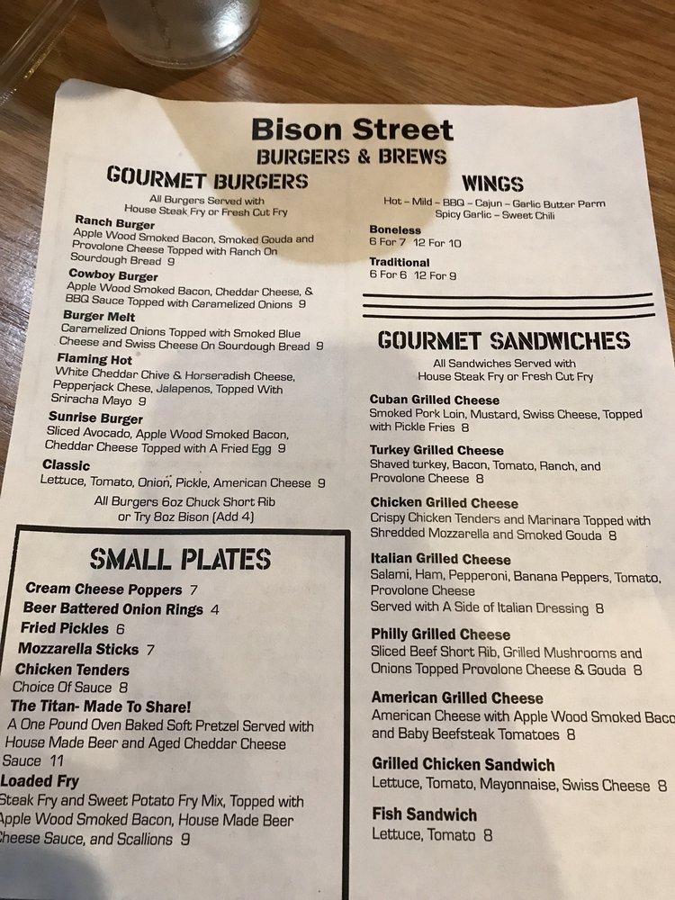 Menu at Bison Street Burgers & Brews pizzeria, Massillon