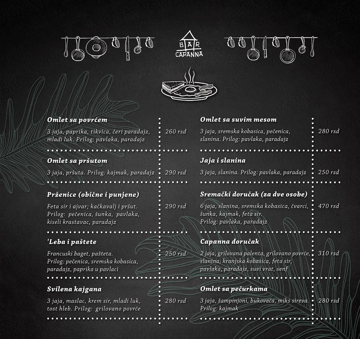 Menu at Capanna Kafe Bar, Sremska Mitrovica