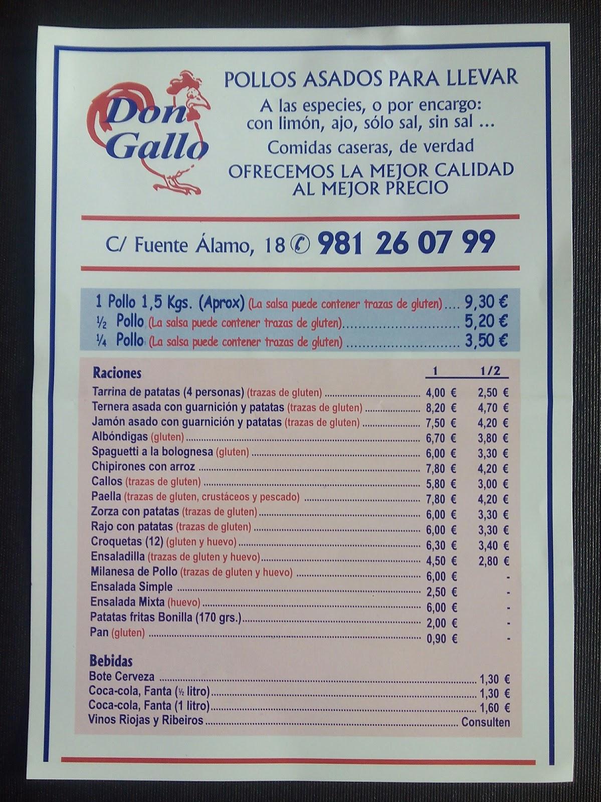Menu at Don Gallo restaurant, A Coruña, Rúa Fuente Álamo