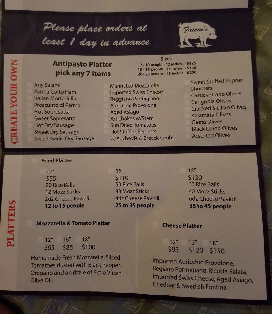 Menu at Faicco’s Italian Specialties restaurant, New York City