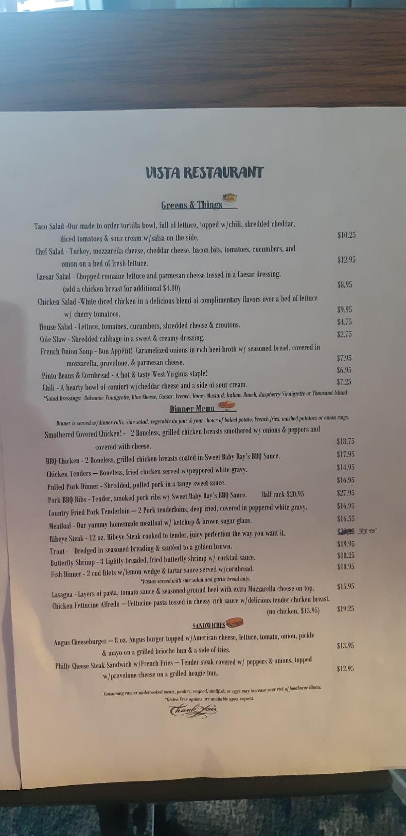 Menu at Overlook at the New River Gorge Restaurant, Ansted