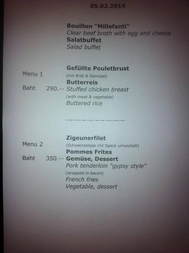 Menu at Swiss Food Restaurant and Hotel, Pattaya City