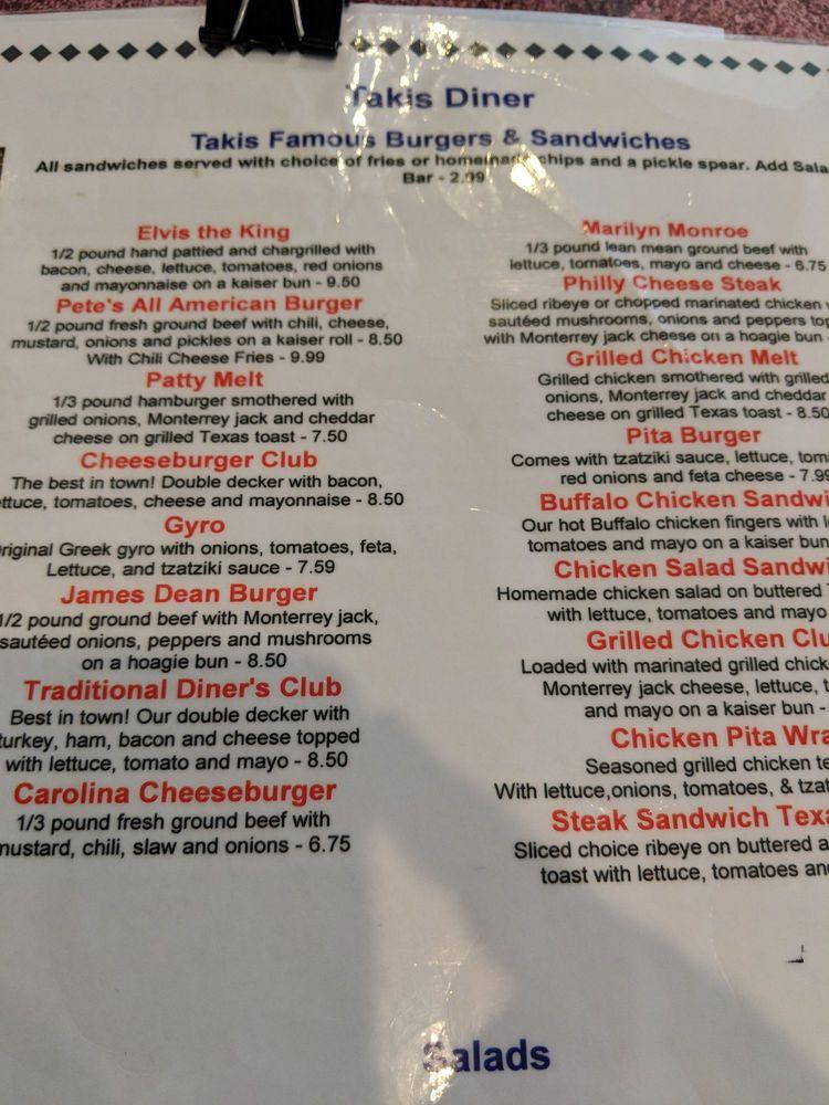 Menu at Takis Diner restaurant, Darlington