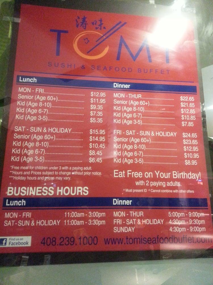 Menu at Tomi Sushi & Seafood Buffet restaurant, San Jose, Eastridge ...