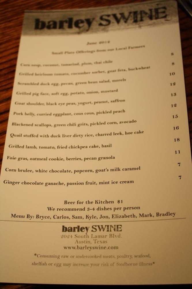 Menu at Barley Swine, Austin, Burnet Rd #400