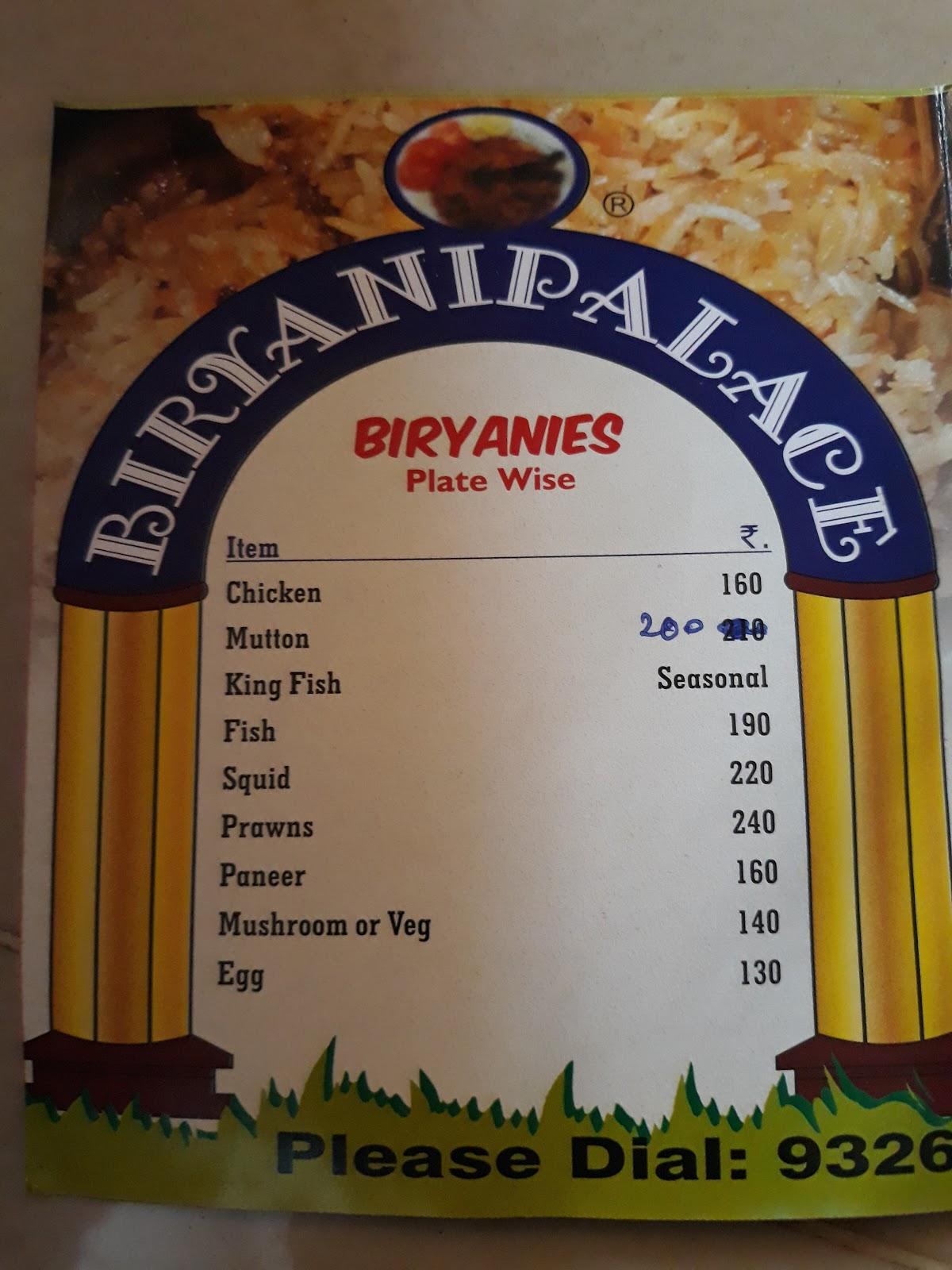 Menu at Biryani Palace, Pilerne, BB Borkar Road