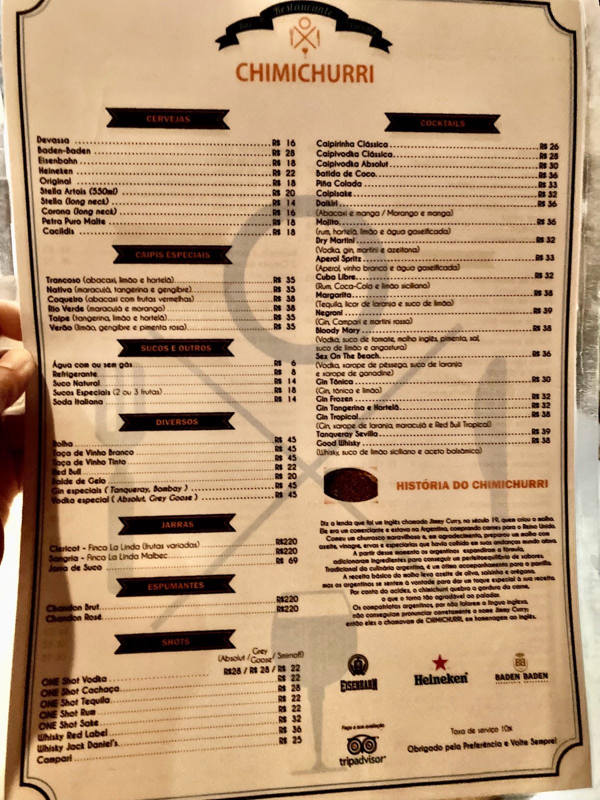 Carta del restaurante Chimichurri, Trancoso