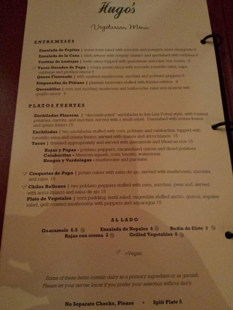 Menu at Hugo's restaurant, Houston, Westheimer Rd