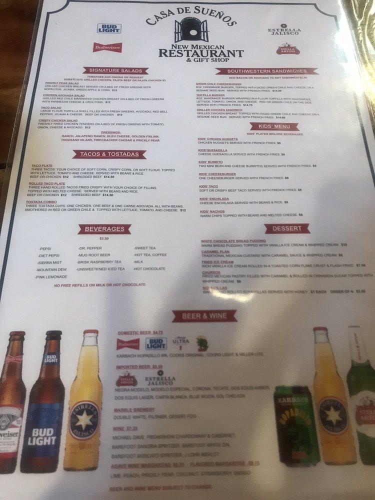 Menu at Casa De Suenos restaurant, Tularosa