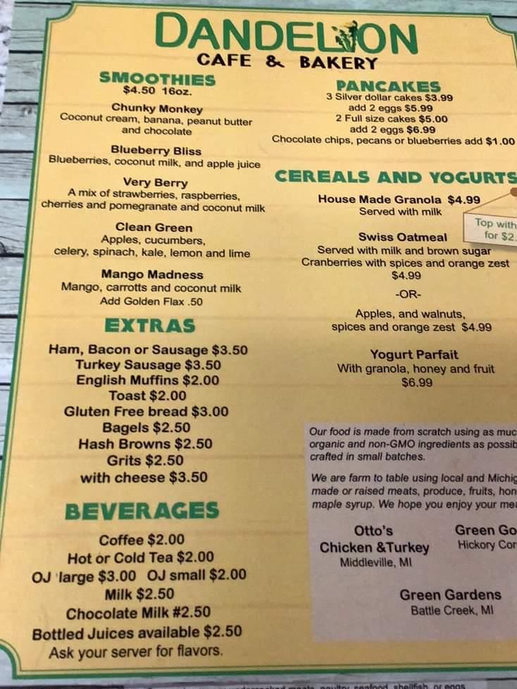 Menu at Dandelion Cafe & Bakery, South Gull Lake