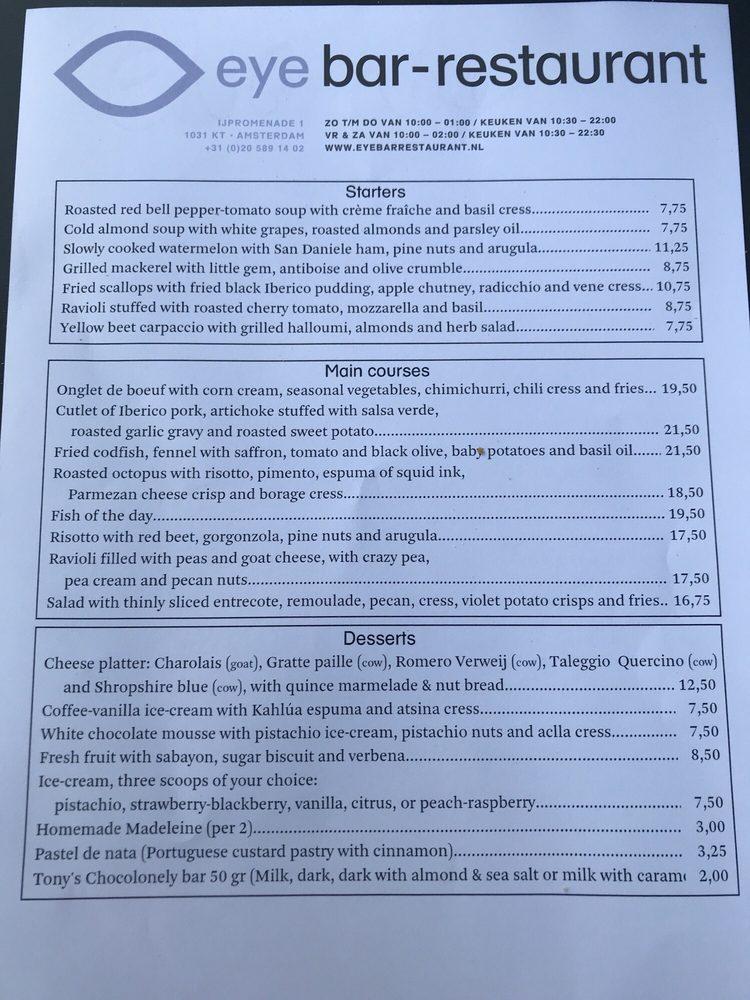 Menu at Eye Film Museum, Amsterdam