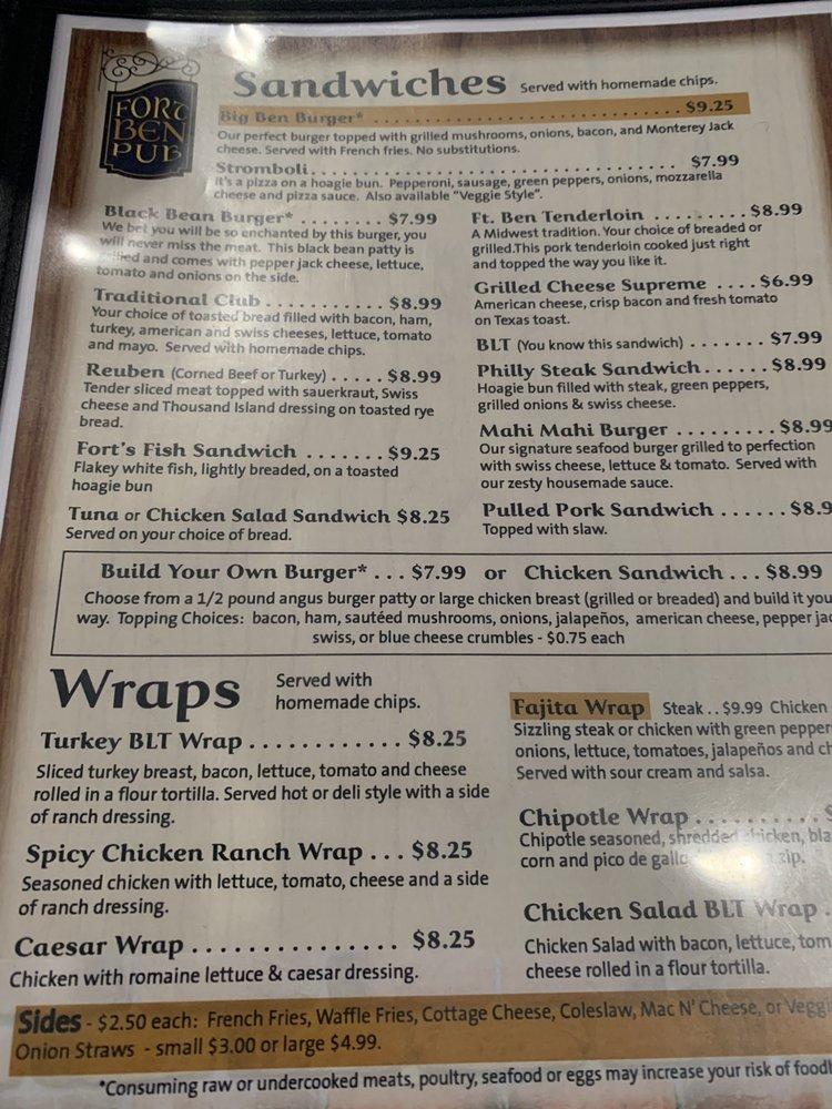 Menu at Fort Ben Pub, Indianapolis