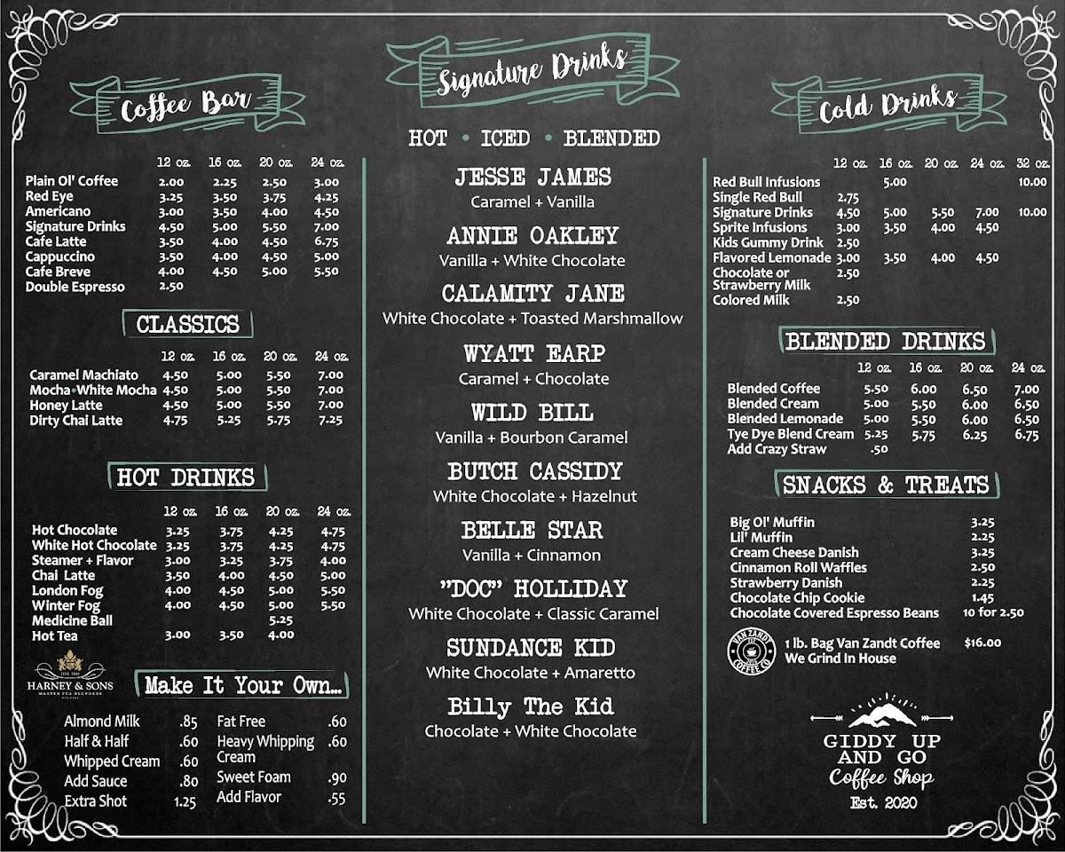Menu at Giddy Up and Go Coffee Shop, Quinlan