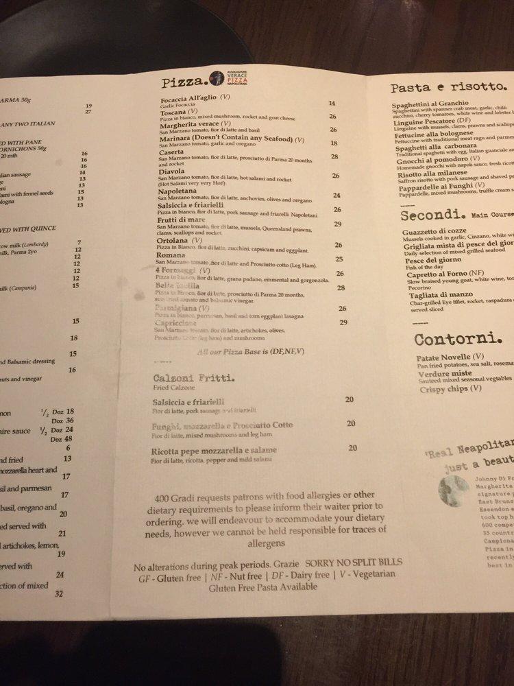 Menu at Gradi at Crown Melbourne pizzeria, Southbank, 8 Whiteman St