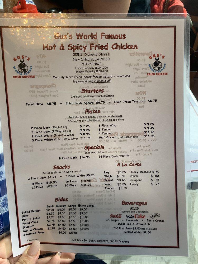 Menu at Gus’s World Famous Fried Chicken restaurant, New Orleans