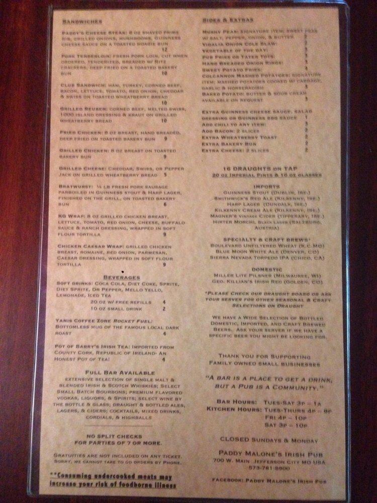 Menu at Paddy Malone's Pub, Jefferson City