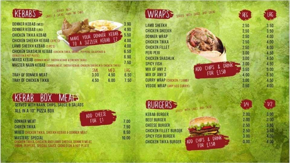 Menu at Spice Master fast food, Newcastle upon Tyne, 6 West Rd