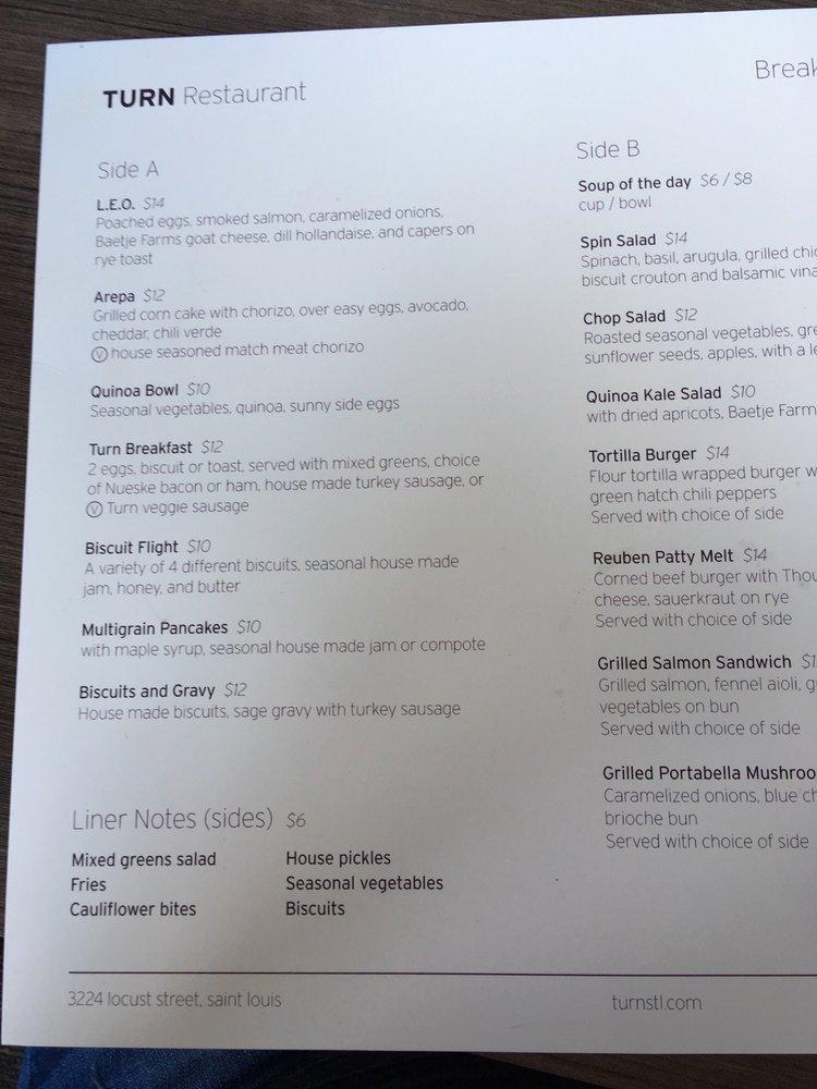 Menu at Turn restaurant, St. Louis
