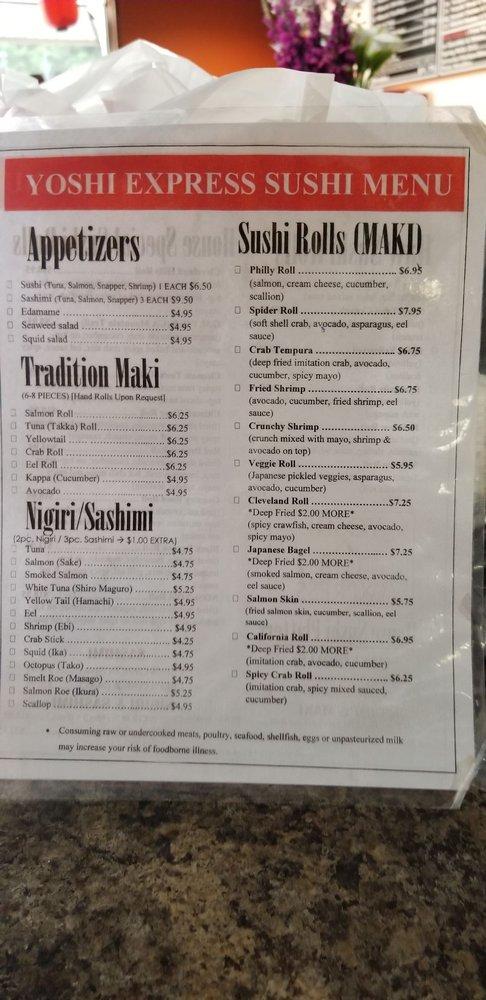 Menu at Yoshi Express restaurant, Cleveland