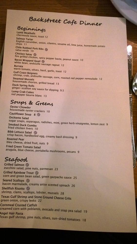 Menu at Backstreet Cafe, Houston