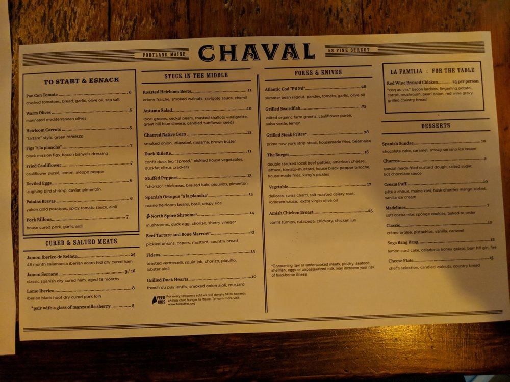Menu at Chaval pub & bar, Portland