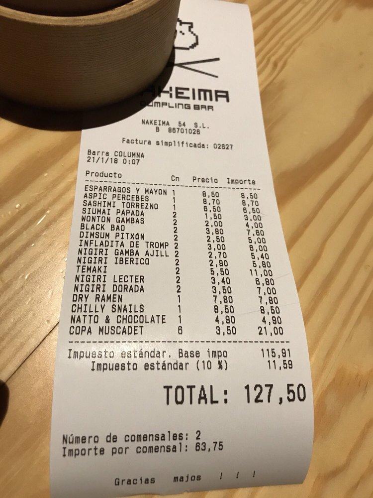 Carta del restaurante Nakeima, Madrid