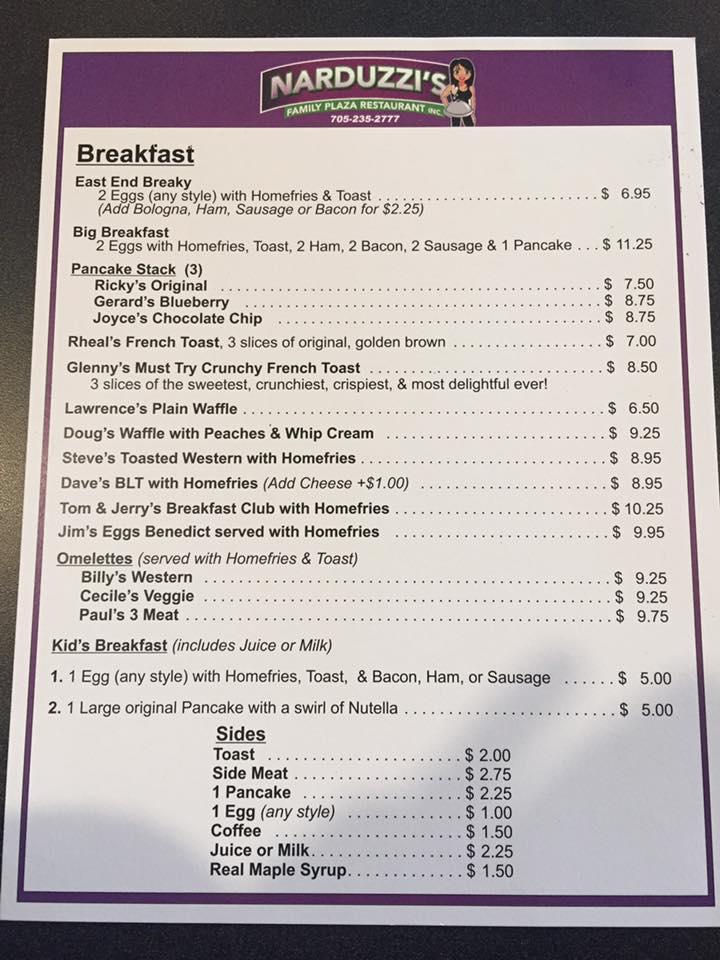 Menu at Narduzzi's Family Plaza Restaurant, Timmins