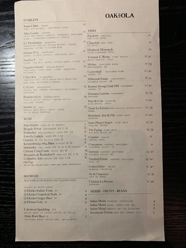 Menu at Oak & Ola restaurant, Tampa