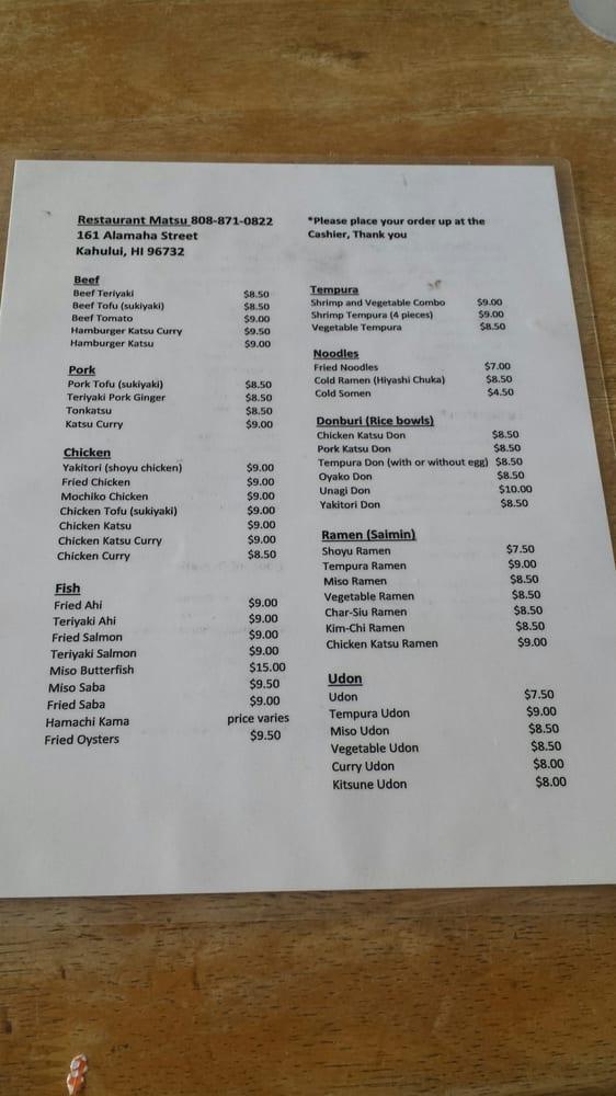 Menu at Restaurant Matsu, Kahului