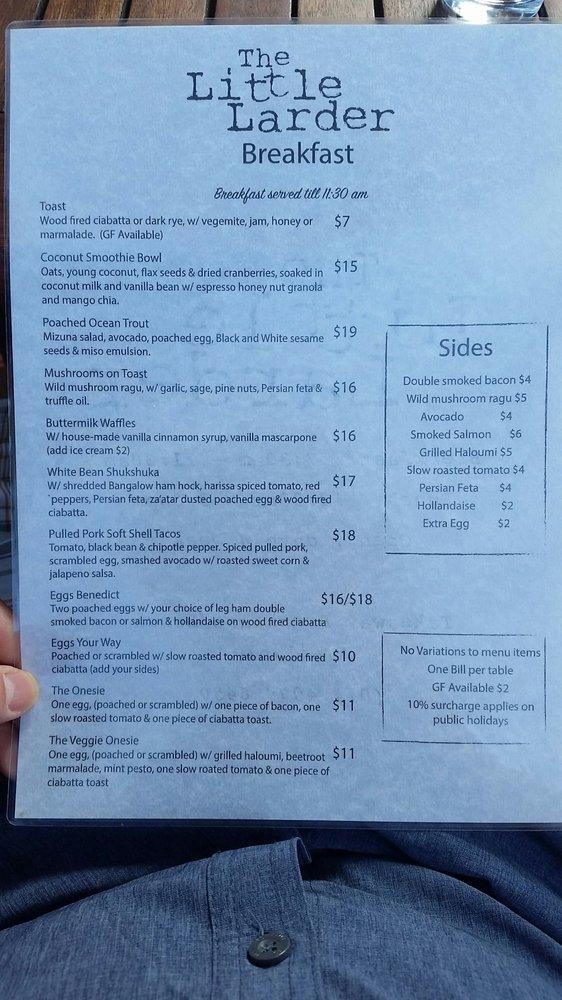 Menu at The Little Larder cafe, Port Douglas
