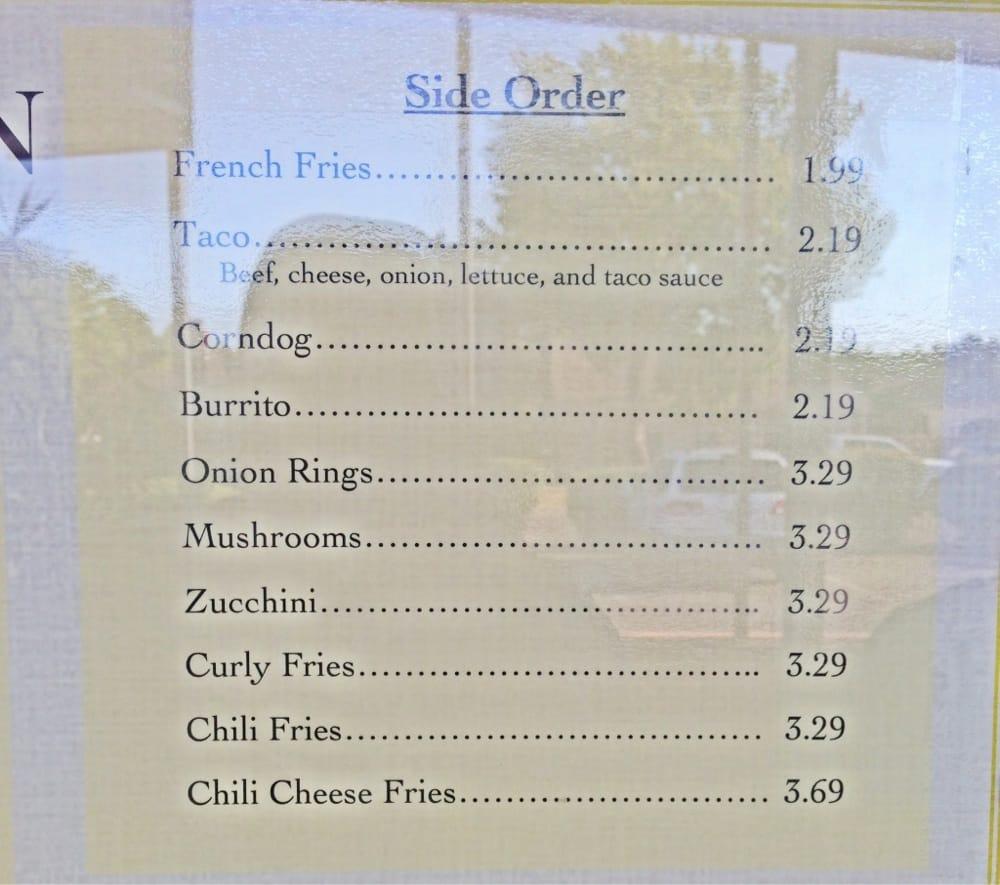 Menu at Village Drive-In fast food, Sacramento