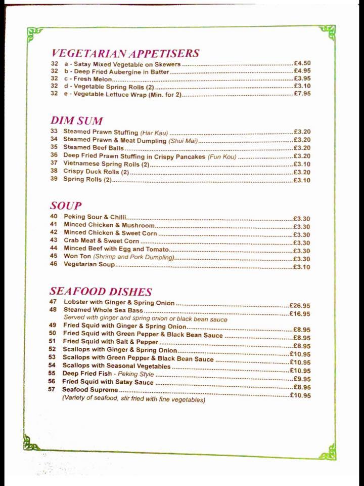 Menu at Beijing Restaurant, Stockport