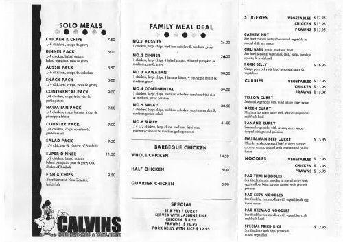 Menu at Calvins Chicken Shop & Take-away restaurant, Port Macquarie