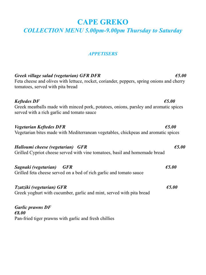 Menu at Cape Greko Greek & Cypriot restaurant, Malahide