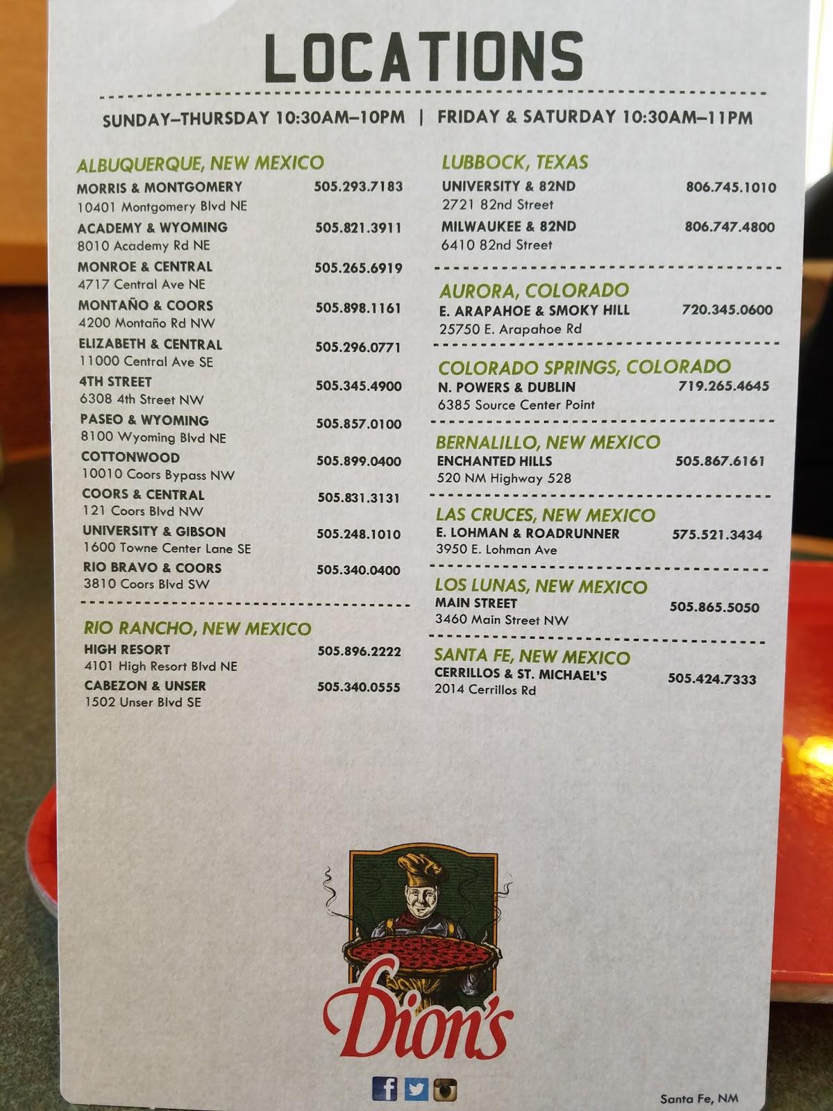 Menu at Dion's Pizza pizzeria, Santa Fe, Cerrillos Rd