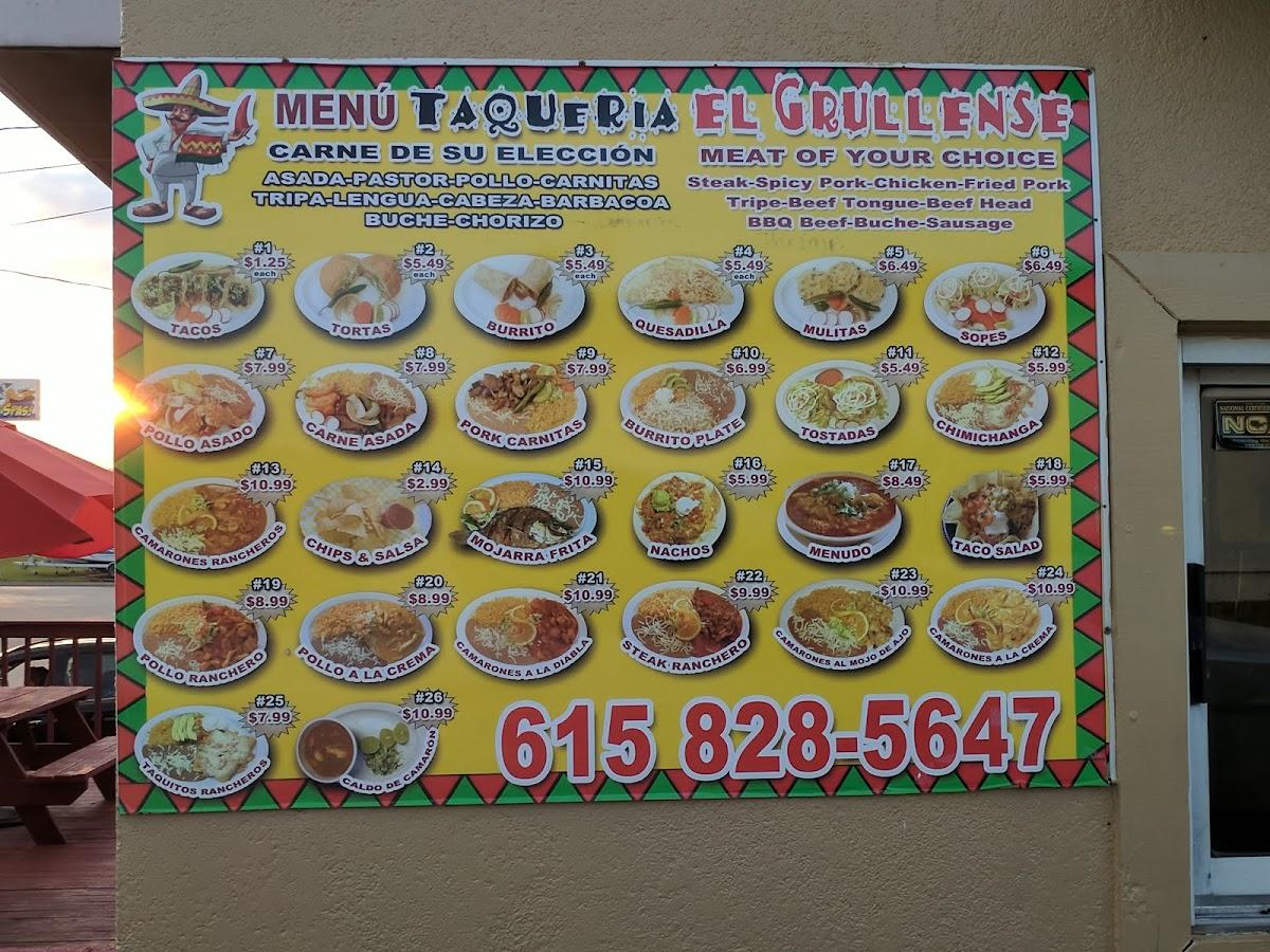 Menu at El Grullense Taqueria restaurant, Hendersonville